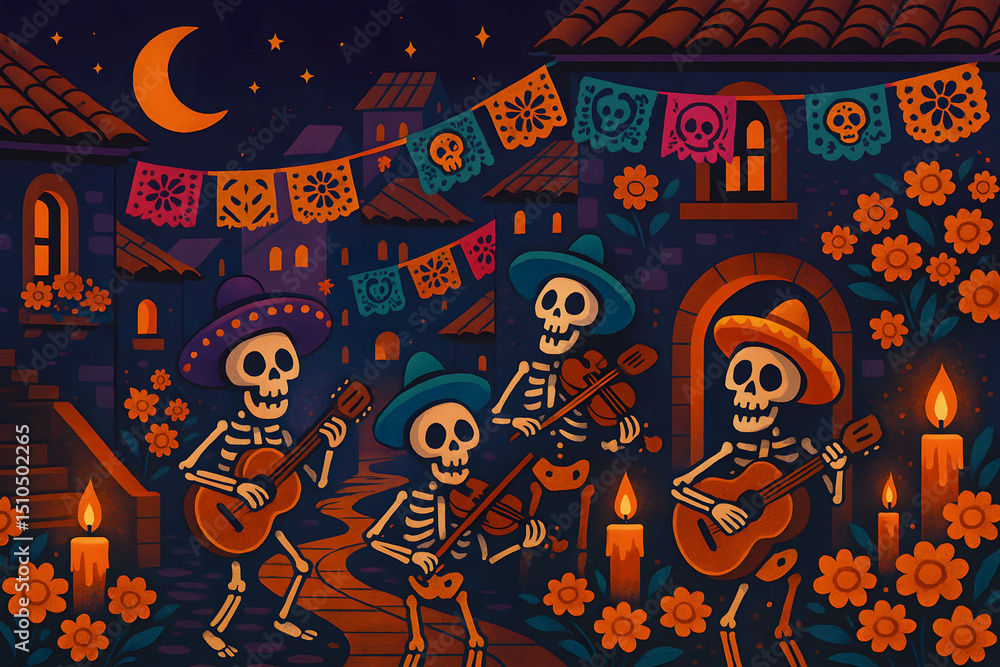 Стокова ілюстрація Cheerful cartoon skeleton band playing music during ...