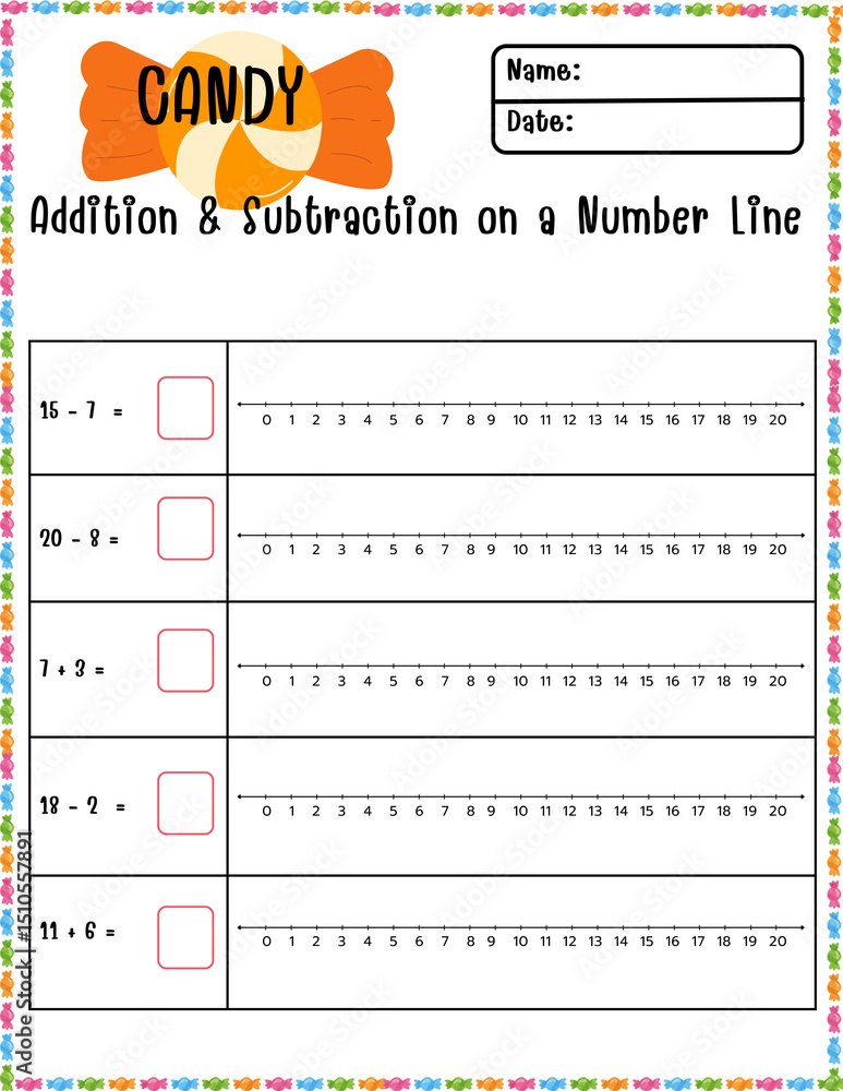 Candy-Themed Number Line Math Worksheet for Kids - Addition and ...