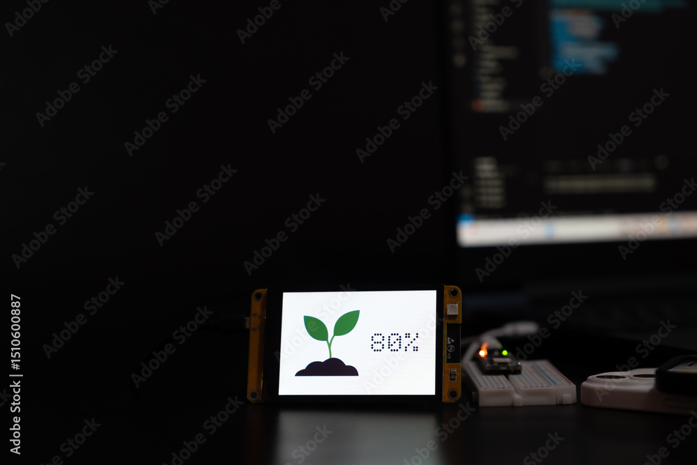 Soil moisture display screen with IoT microcontroller operation, Smart ...