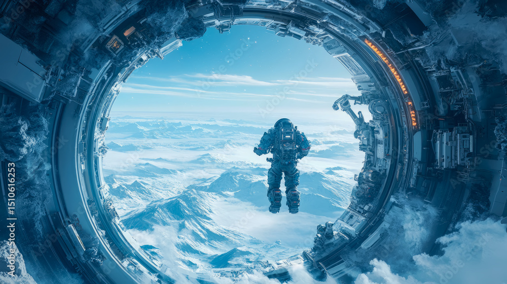 Concept: Exploration. Astronaut floating outside spaceship viewing ...