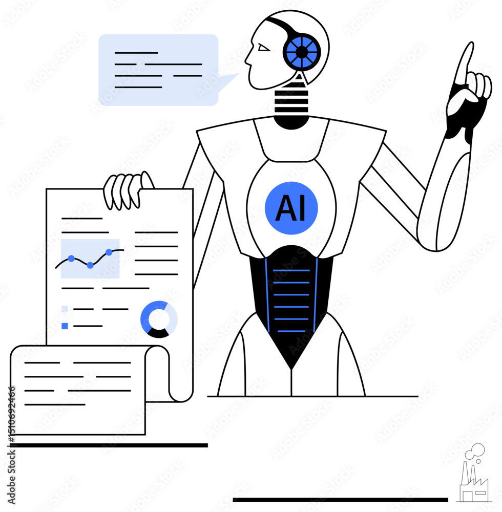 Robot presenting data with charts, analytics, and speech bubble. Ideal for artificial ...