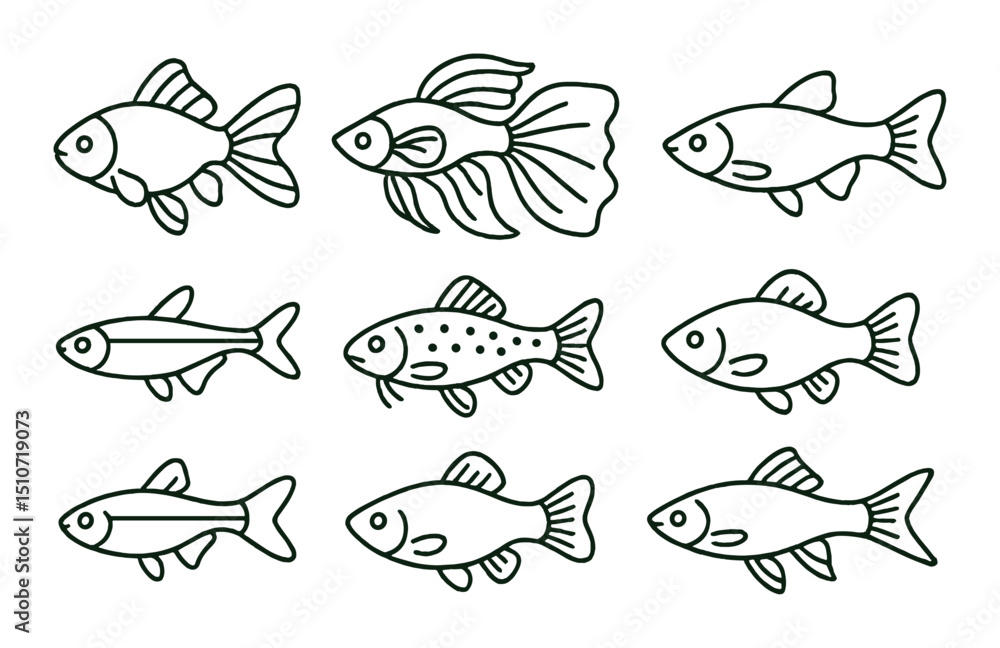 Aquarium fish icon set: linear style. marine life symbols and aquatic ...