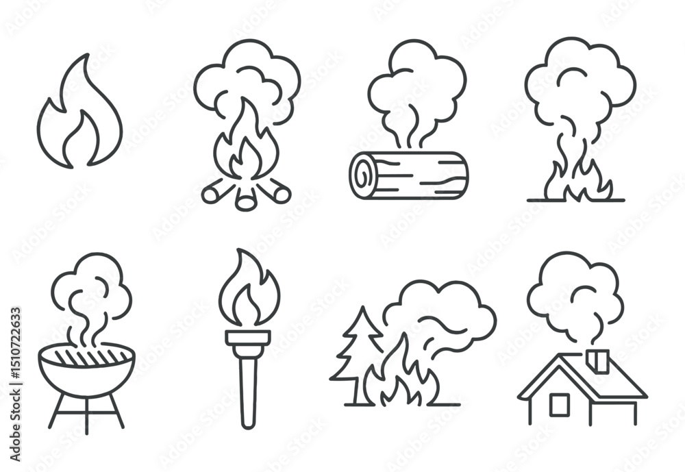 Smoke and flame icon set in linear style. fire, burning, combustion ...