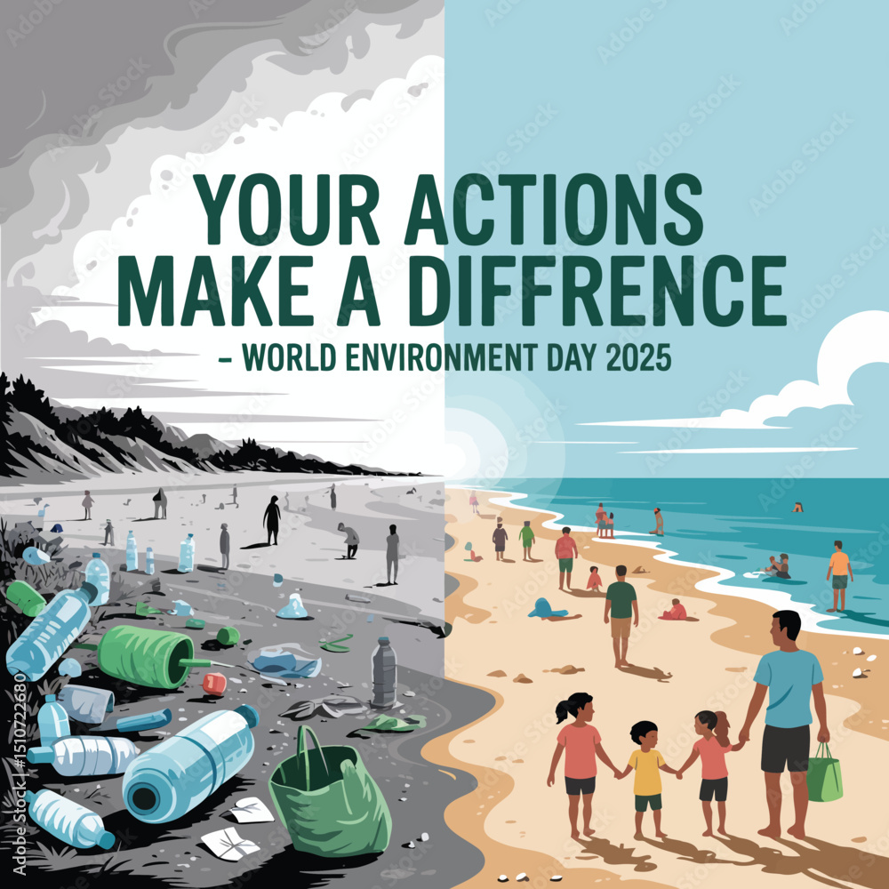 Before and After Beach Cleanup – Split-Screen Image Showing Plastic ...