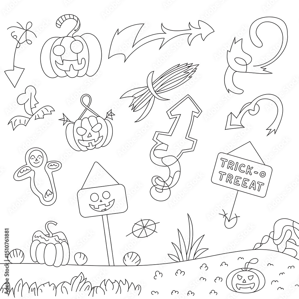 Festive halloween elements vector outline including pumpkins arrows ...