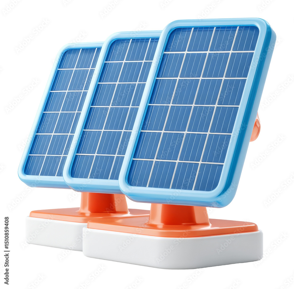 Solar panels with blue frames and orange bases on a transparent ...