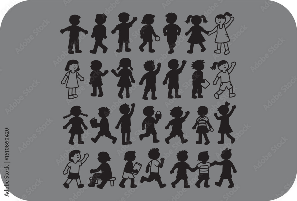 Diverse Group of Children in Silhouette and Outline Depicting Various ...