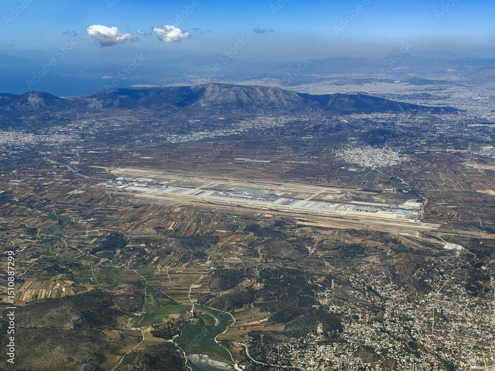 Athens, Greece airport. Aerial view out of airplane window. Stock Photo ...