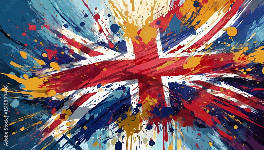 Union Jack with a dynamic, splattered paint effect. The colors are ...