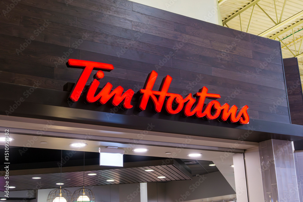 Sign of Tim Hortons, Canada's largest coffeehouse and restaurant chain ...