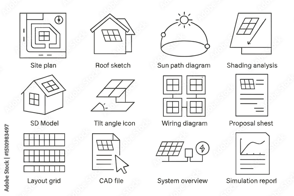 Architectural icons: site plan, roof sketch, sun path diagram, shading ...