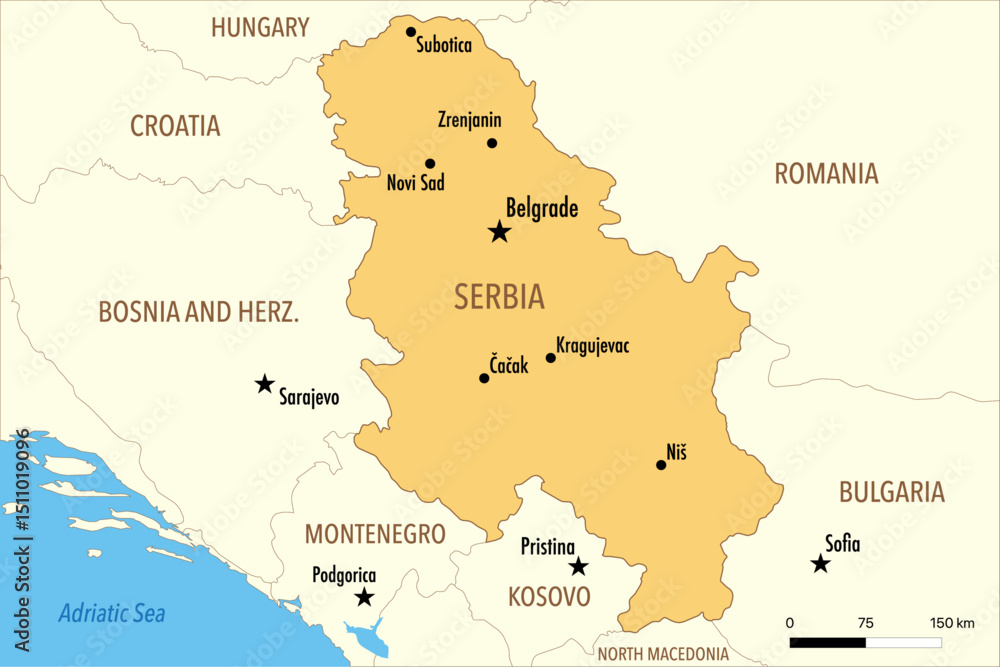 Vector Map of Serbia with Major Cities and Neighboring Countries ...