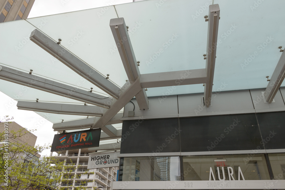 canopy over entrance to Aura Concourse Shopping Mall with signs, 384 ...