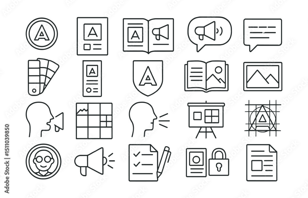 Line style icons of branding and identity: brand logo, visual identity ...