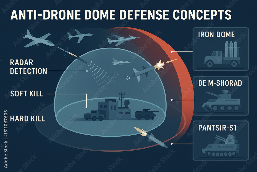 Anti drone dome defense system protecting military base and civilian ...