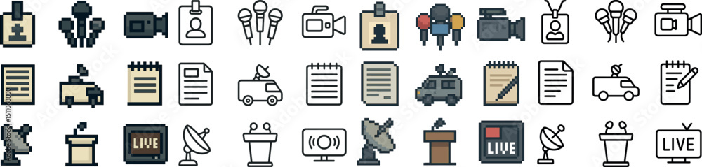 Pixel art icons of communication, broadcasting, and media devices for ...