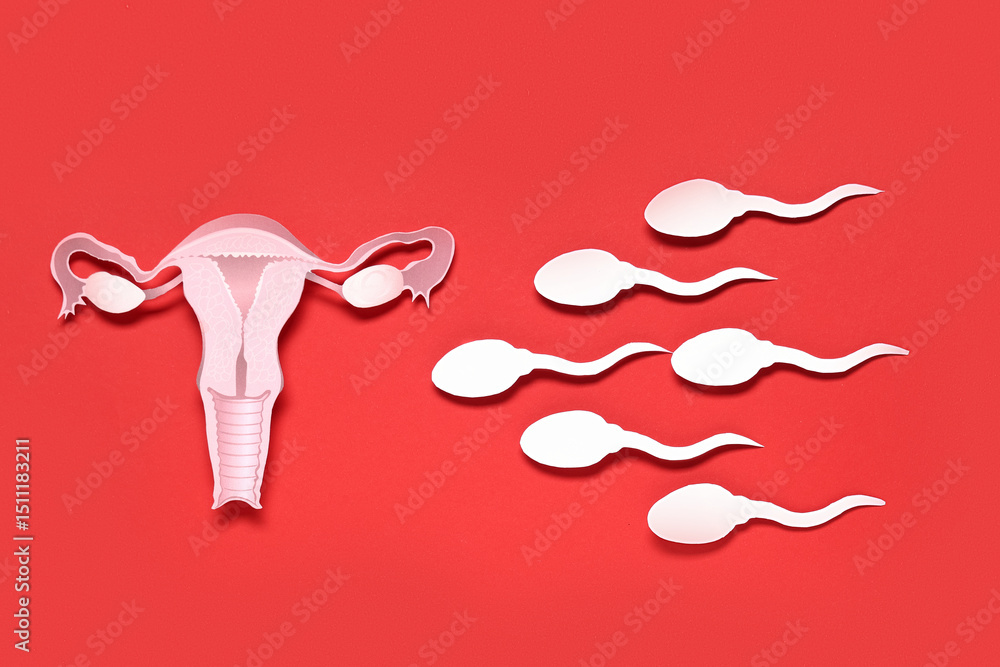Paper female uterus and sperm cells on red background Stock Photo ...