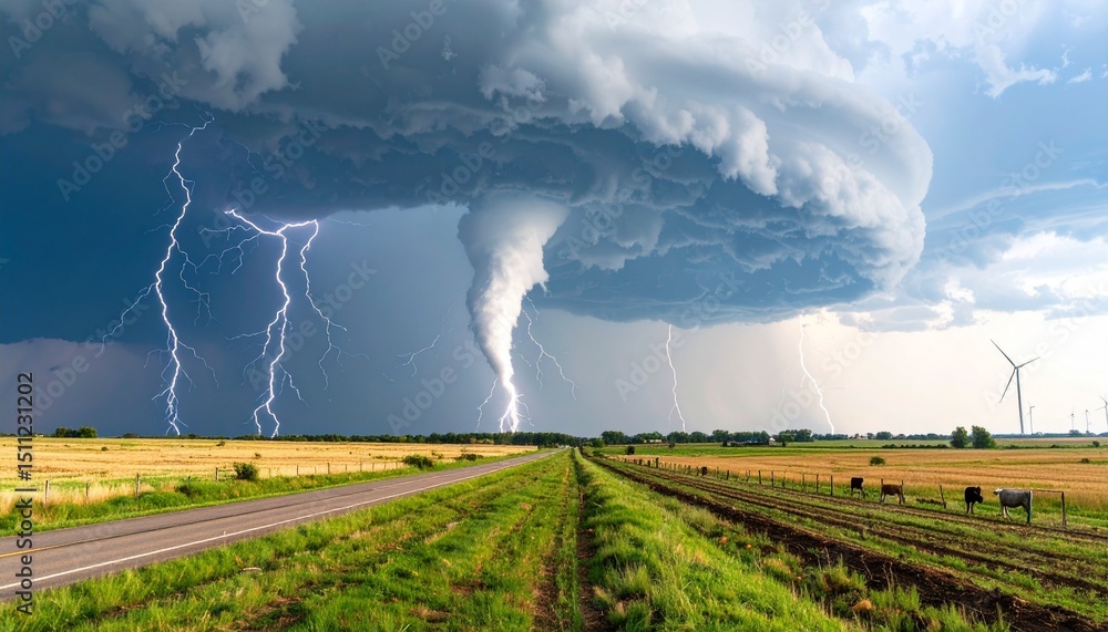 Powerful Tornado And Lightning Storm Over Rural Landscape Stock Photo