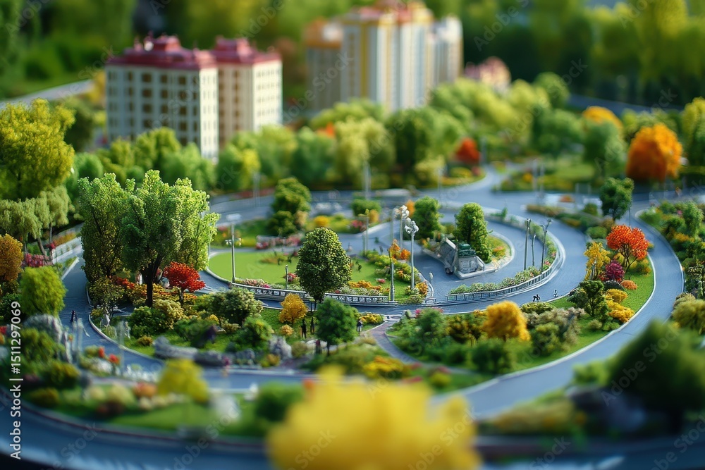 Miniature city model features buildings, roads, trees and tiny people ...