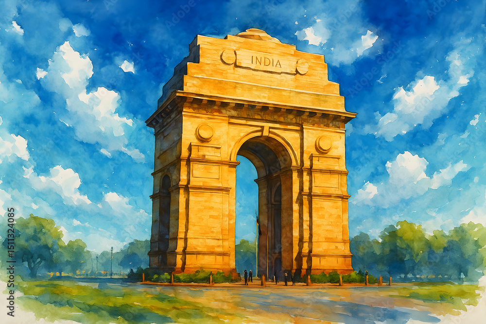 India Gate Watercolor Illustration: Artistic Delhi Landmark Stock ...