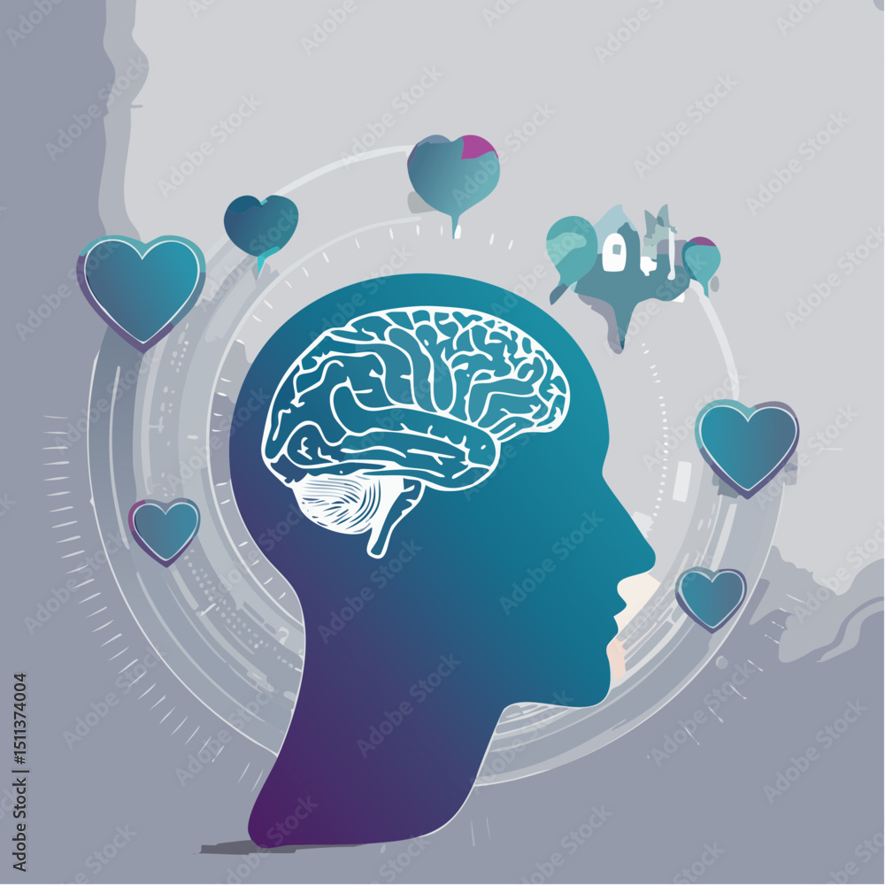 Vector of a head in profile with a glowing brain and floating mental ...