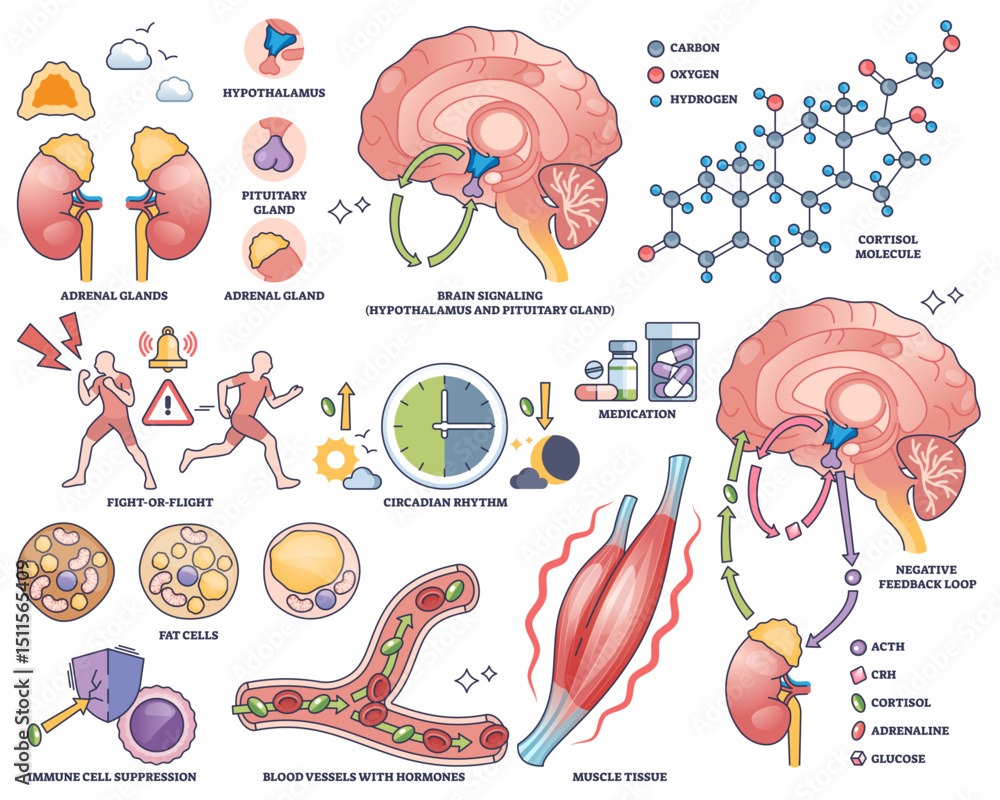 Cortisol regulation shows brain, adrenal glands, and cortisol molecule ...