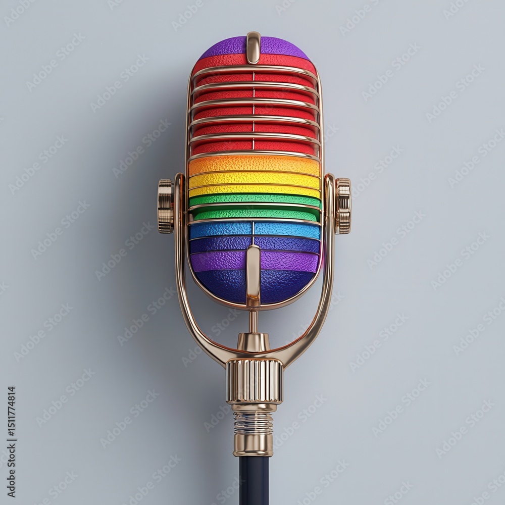 Foto de Stock pride month concept, Vintage microphone with rainbow ...