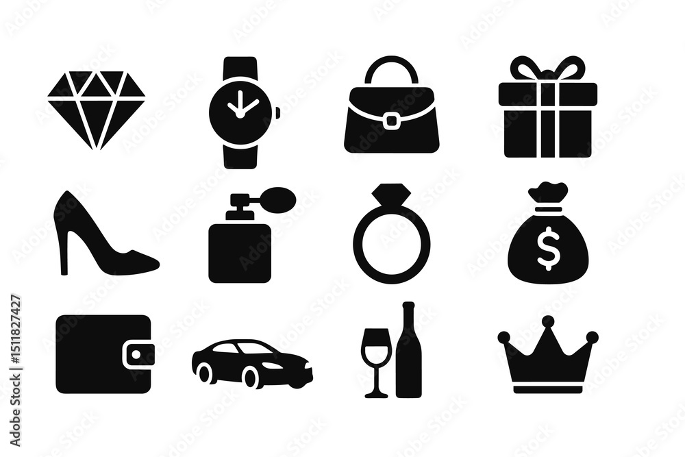 Luxury icons set: diamond, purse, watch, shoe, gift, ring, car, crown ...