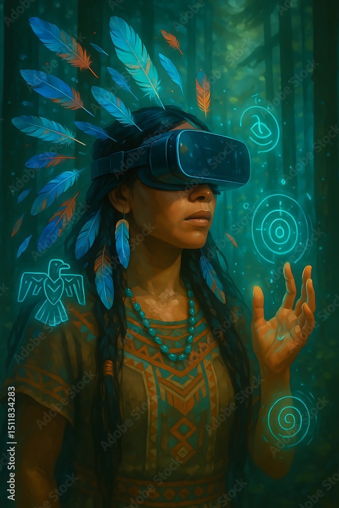Futuristic Native American Woman in Virtual Reality Forest with Digital ...