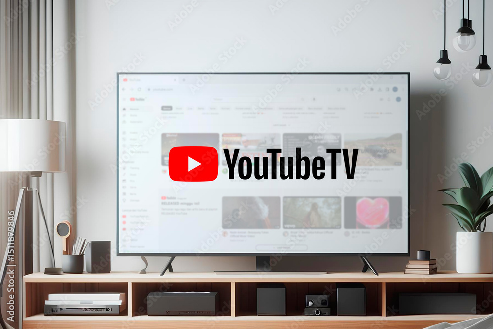 Modern smart tv showing youtube tv streaming service in living room ...