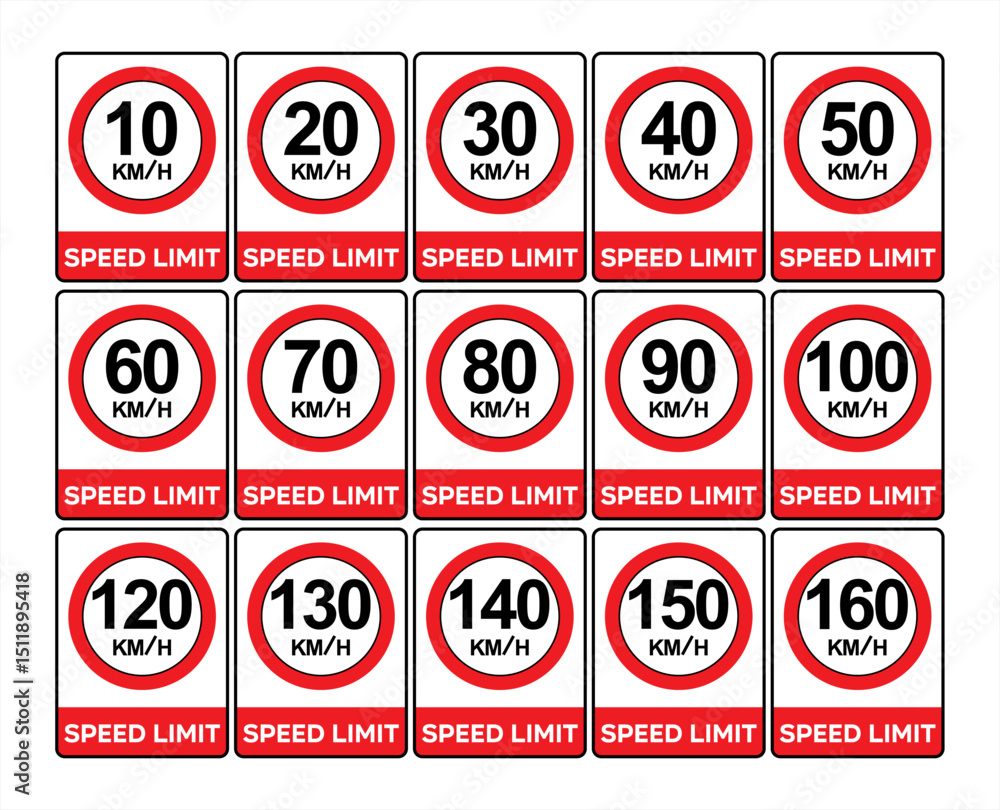 Speed Limit Safety Sign Set of road traffic speed limit signs from 10 ...