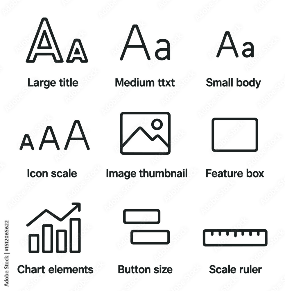 Scale Icon Set. Outline icon set of size and scale emphasis: large ...