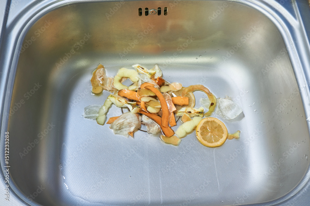 Kitchen sink clogged with food residue. Clogged drain. Water does not ...
