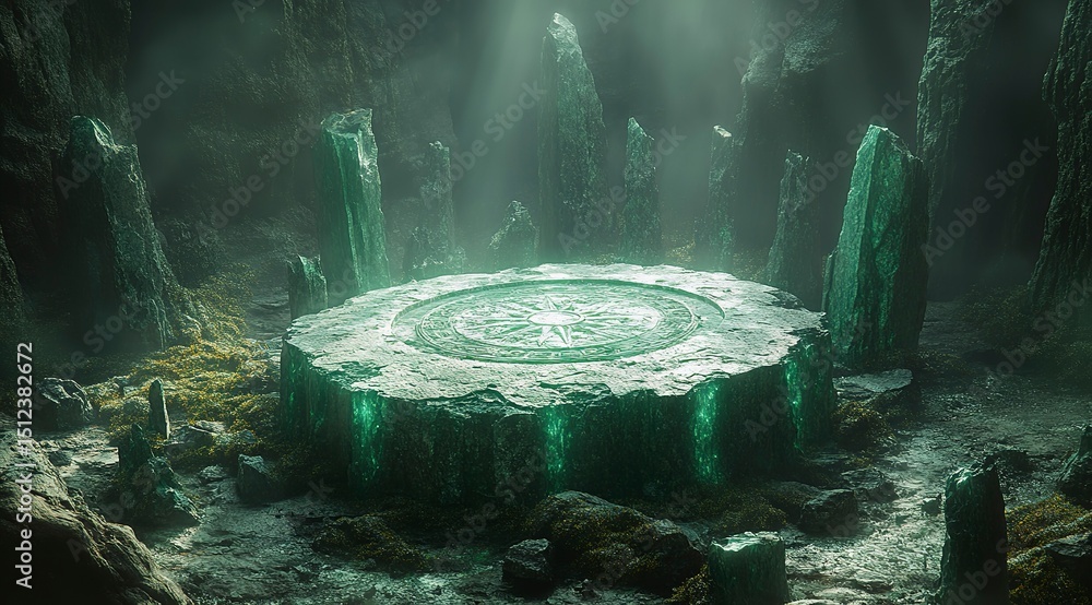 Crumbling obsidian altar illuminated by floating gear fragments, self ...