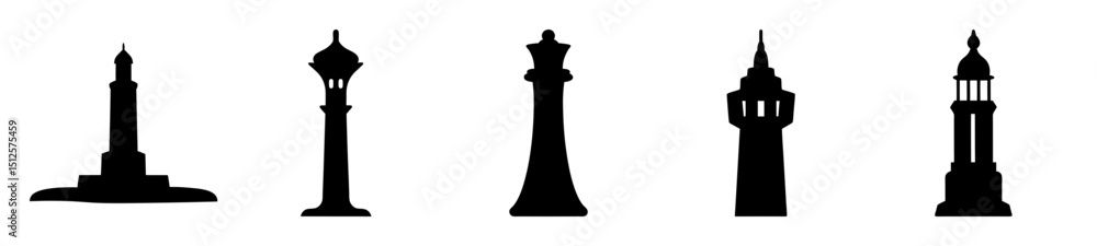 Silhouette composition of five different towers and related structures ...
