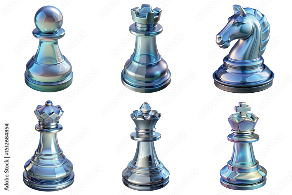Vetor Glass chess 3d set with king, queen, bishop, knight, rook, and ...