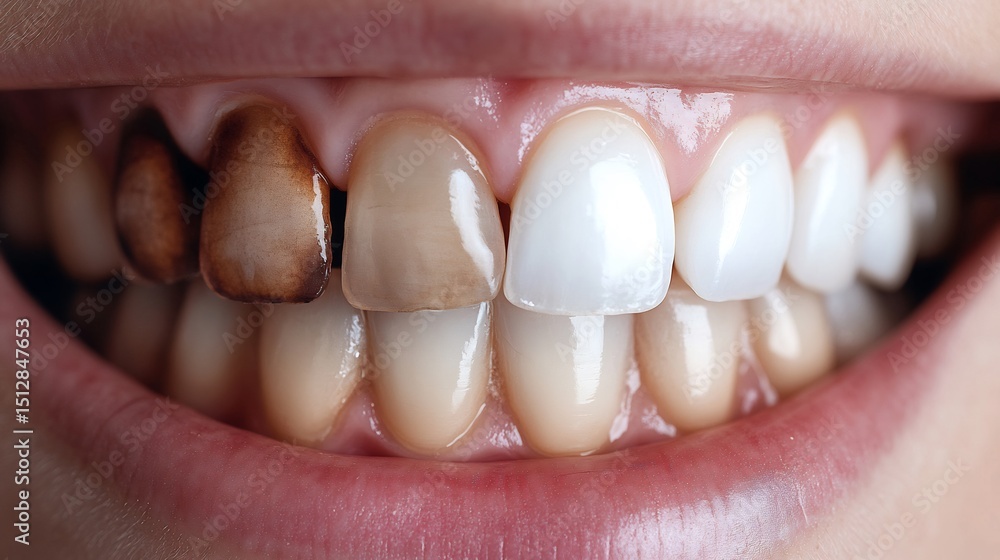 Photo Stock Close up of a smokers stained teeth compared to a non ...