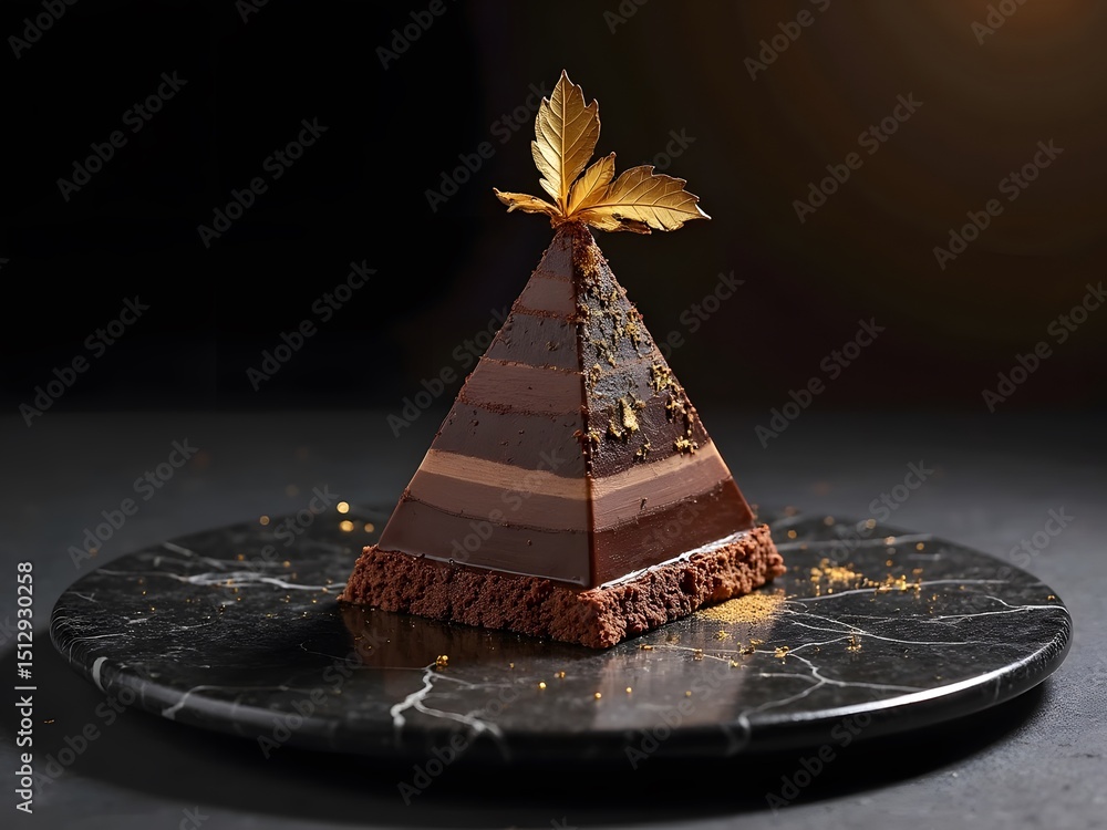 ภาพถ่าย Stock Chocolate Layered Triangle Dessert with Gold Leaf: A rich ...