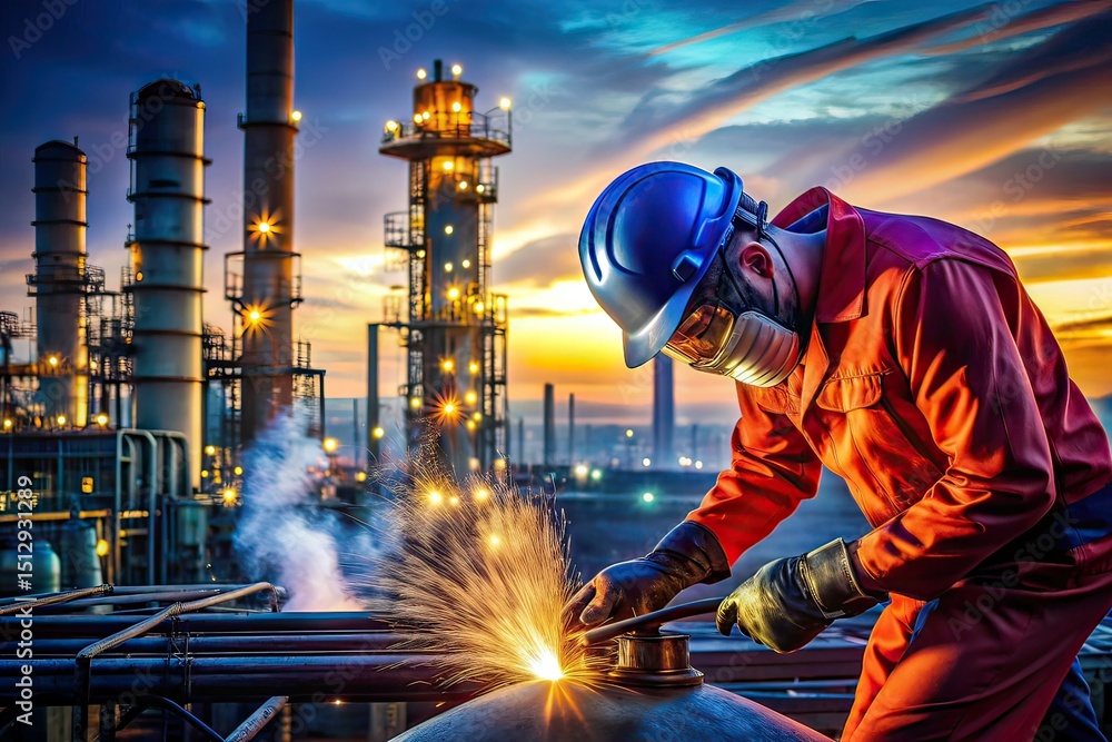 Illustration Stock Welding Engineer Refinery Panorama, Industrial Close ...