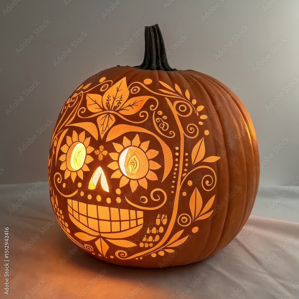 Illuminated Sugar Skull Pumpkin Carving Design, Halloween Decor, Fall ...