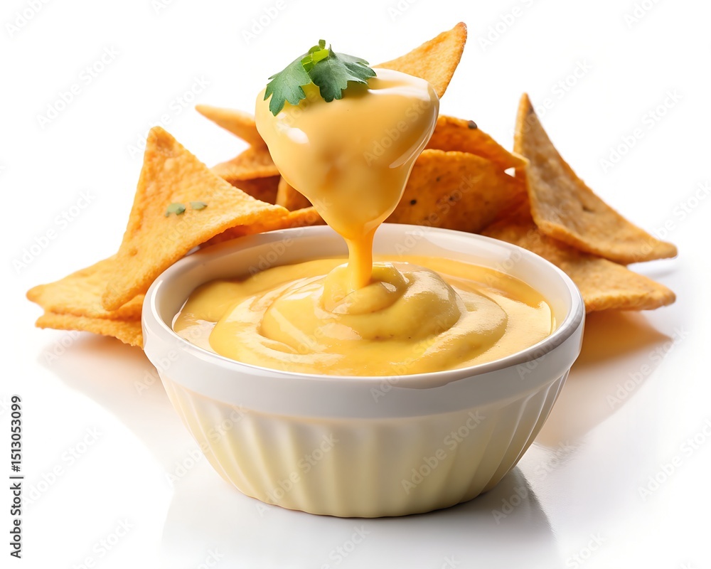 dipping nachos into cheese sauce cup on white background Stock Photo ...