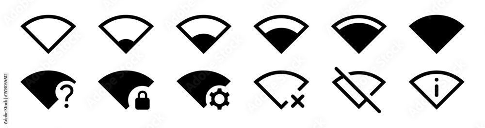 Set of Wi-Fi signal strength and network status icons including locked ...