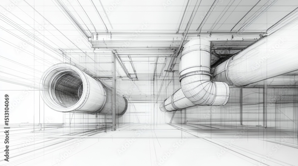 Industrial piping design sketch showcasing complex layout in a spacious ...