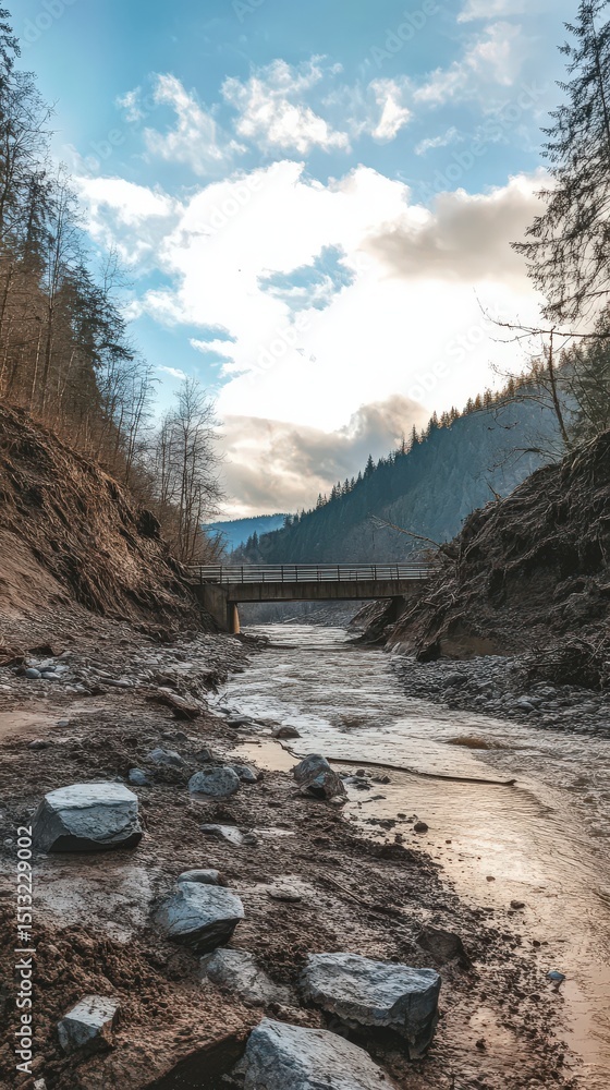 Rocks and boulders line a flood damaged river bank where a road bridge ...