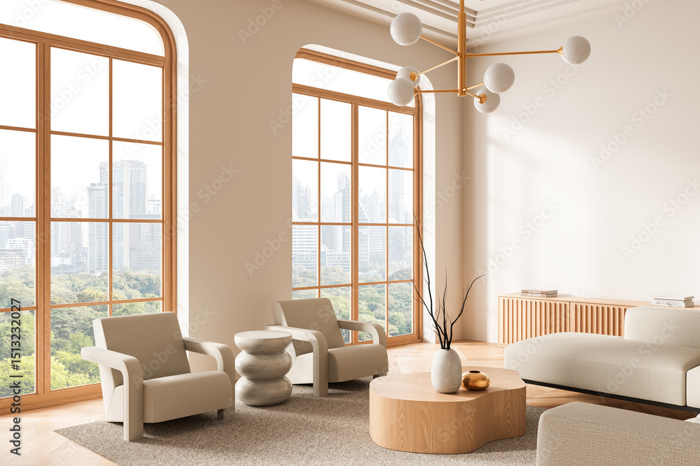 Modern minimalist living room interior with large wooden-framed windows ...