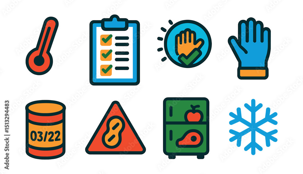 Flat vector icons of food safety: food thermometer, hygiene checklist ...