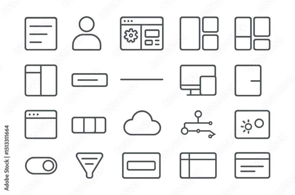 Line style icons of interface elements in cloud systems: settings menu ...