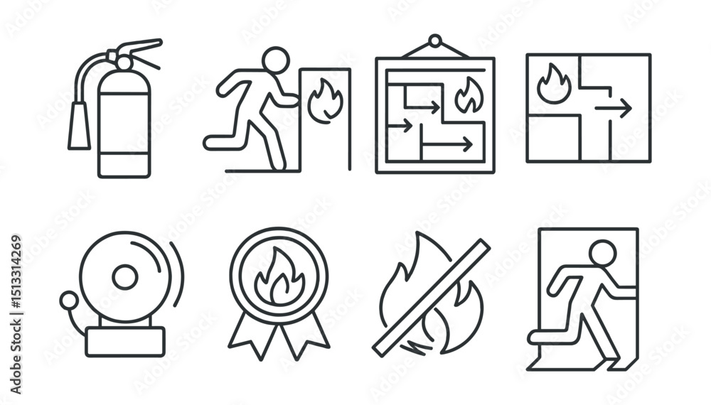 Line style icons of workplace safety: fire extinguisher icon, emergency ...