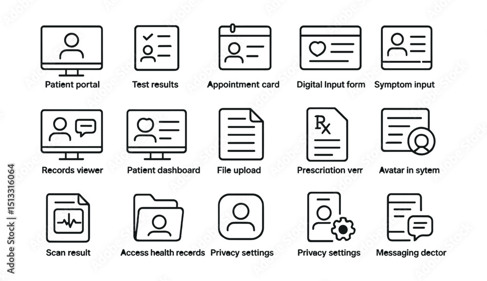 Line style icons of patient interface and health platforms: patient ...