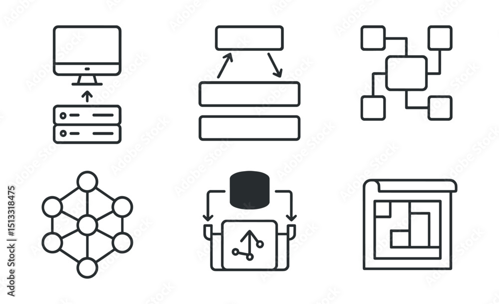 Line style icons of software architecture: client-server model, MVC ...